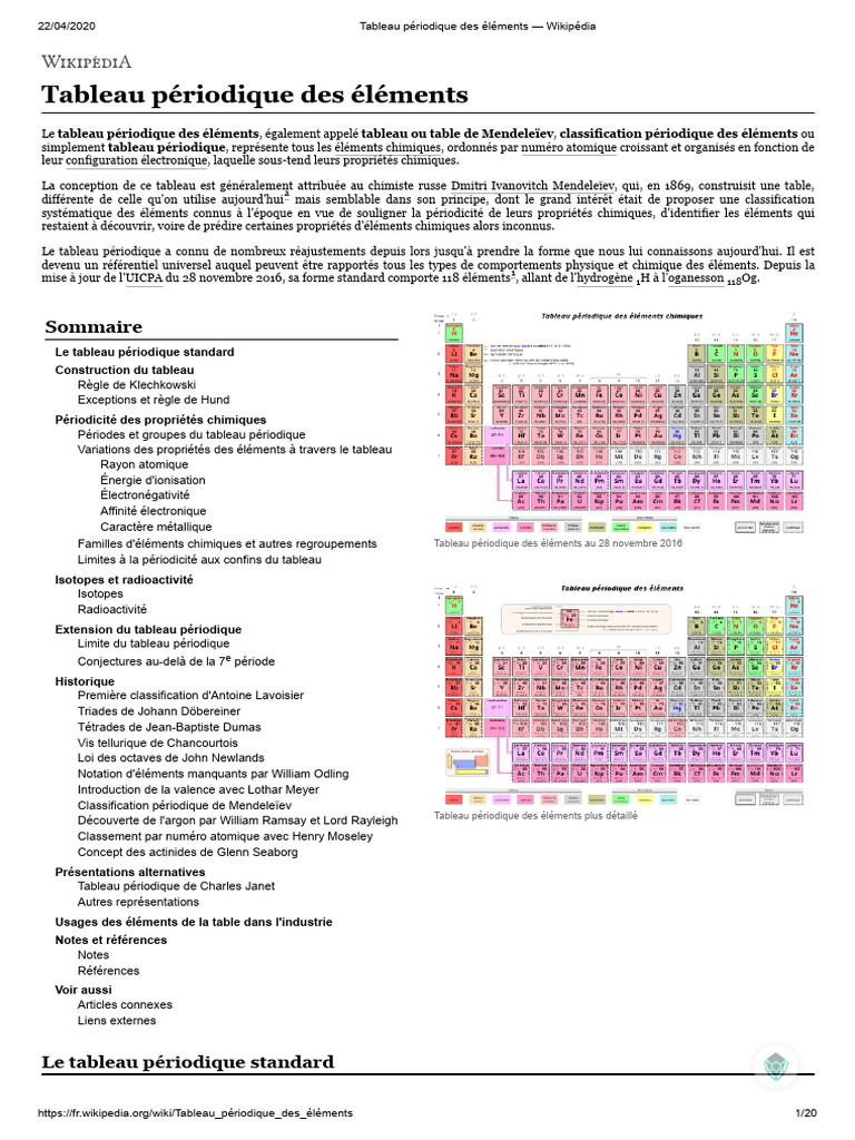Tableau périodique des éléments chimiques | PDF | Tableau périodique ...