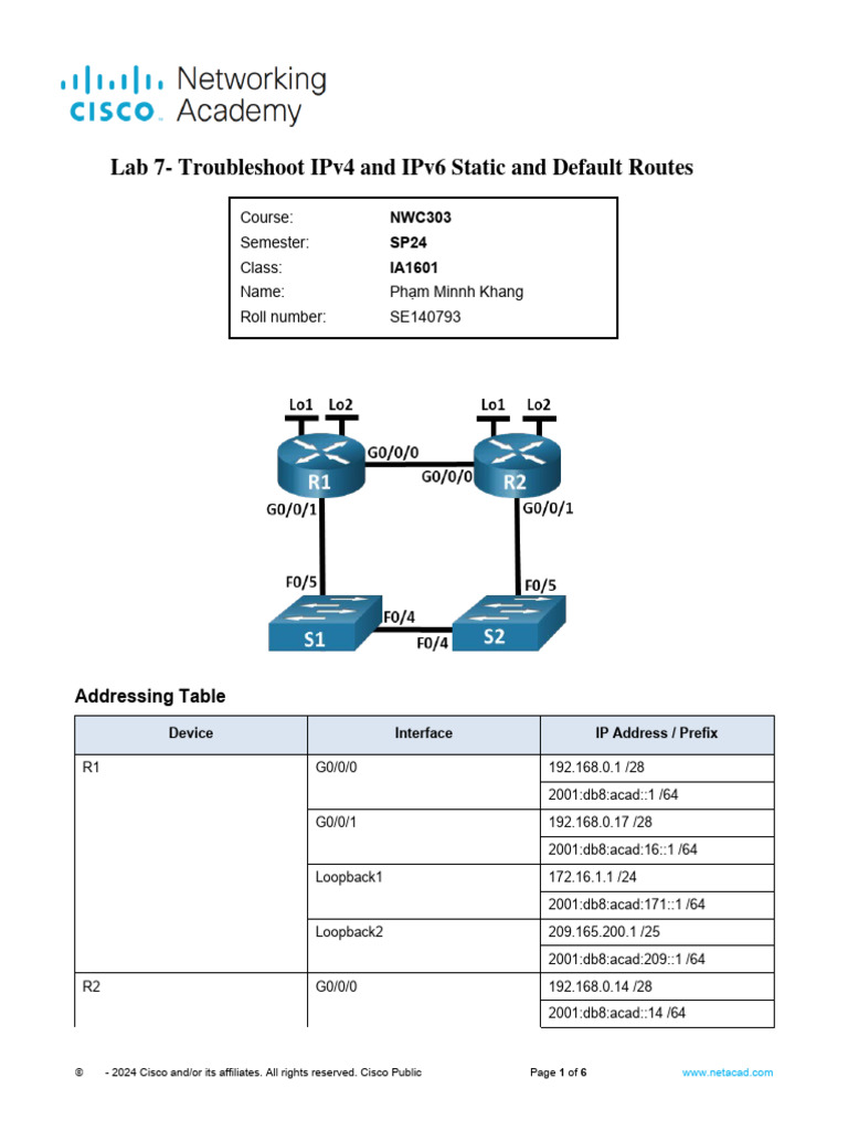 Lab 7 - Troubleshoot IPv4 and IPv6 Static and Default Routes | PDF | Ip ...