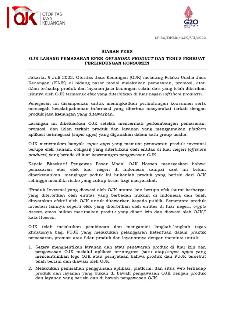 SP - Ojk Larang Pemasaran Efek Offshore Product Dan Terus Perkuat Perlindungan Konsumen | PDF