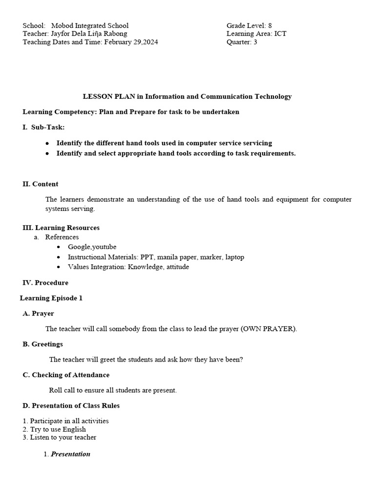 Lesson Plan ICT LO2. 2.1 Rabong | PDF | Educational Technology | Learning