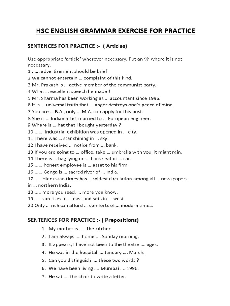 HSC Grammar Exercise for Practice | PDF