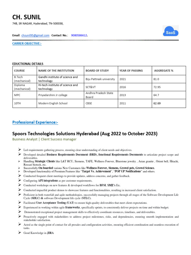 CH Sunil's Resume | Download Free PDF | Software Development Process ...