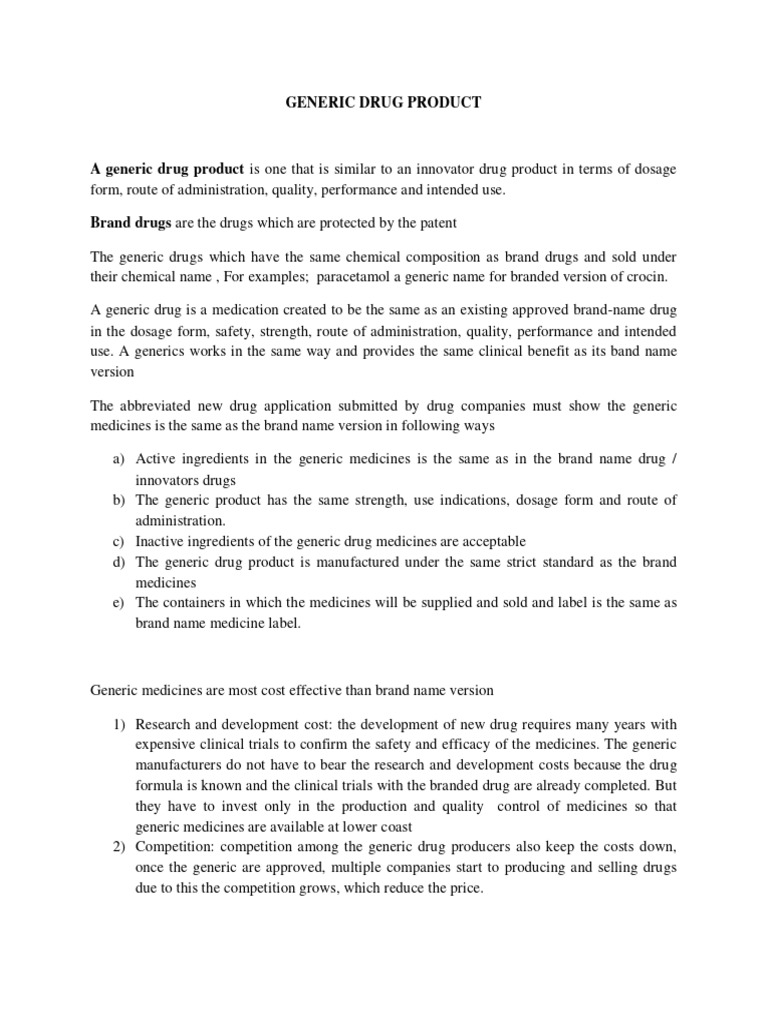 GENERIC DRUG PRODUCT | PDF | Generic Drug | Food And Drug Administration