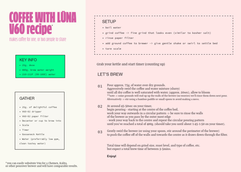 LUNA V60 Recipe For 25g. Pourover To Share | PDF | Coffee | Food And Drink Preparation