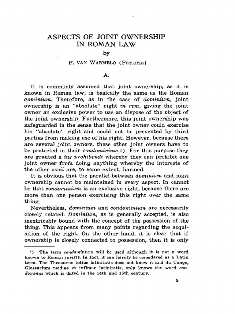 Van Warmelo - ASPECTS OF JOINT OWNERSHIP IN ROMAN LAW | PDF | Ownership ...