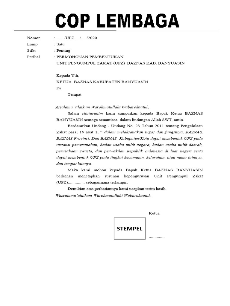 Permohonan Pembentukan UPZ BAZNAS | PDF | Pengelolaan Keuangan & Uang