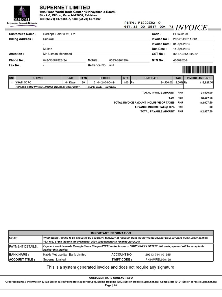 Harappa Solar (Pvt.) Ltd. Apr-2024 | PDF | Invoice | Taxes
