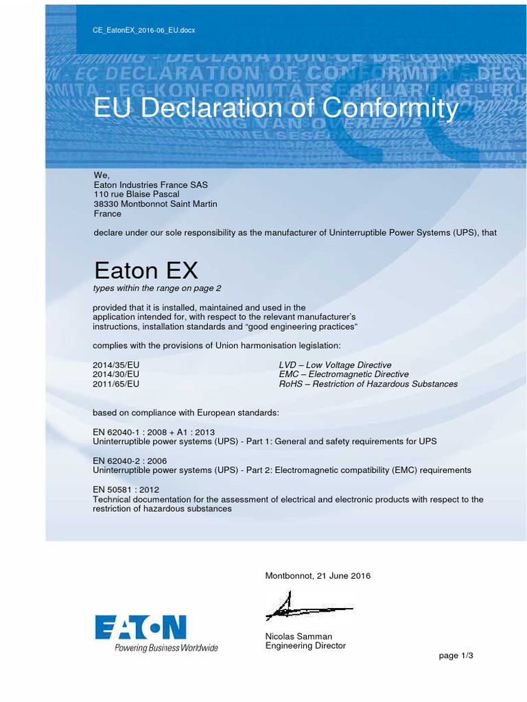 EC DoC Eaton EX | PDF | Safety | Electricity