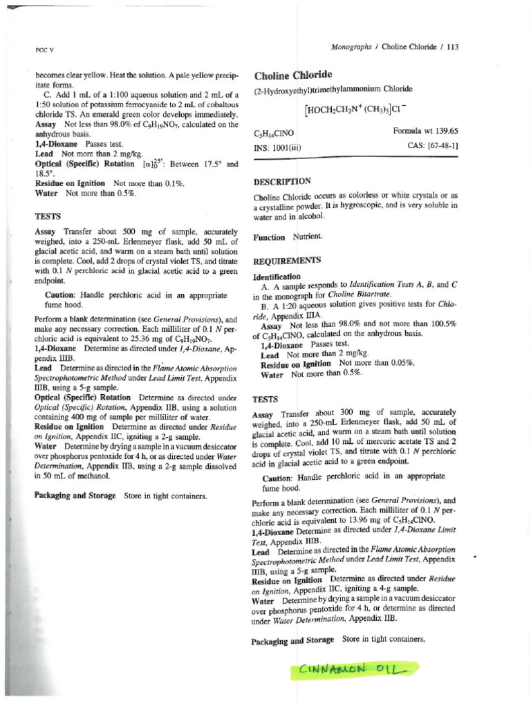 Choline Chloride FCC Monograph | PDF