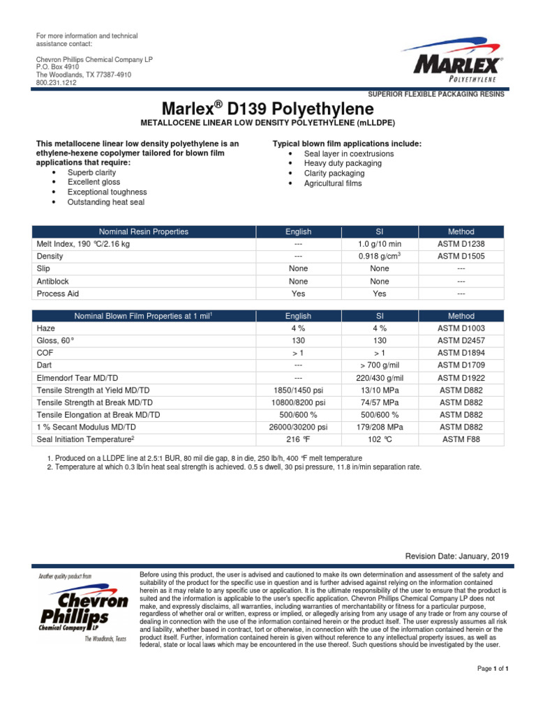 Chevron Phillips Marlex D139 | PDF | Polyethylene | Implied Warranty