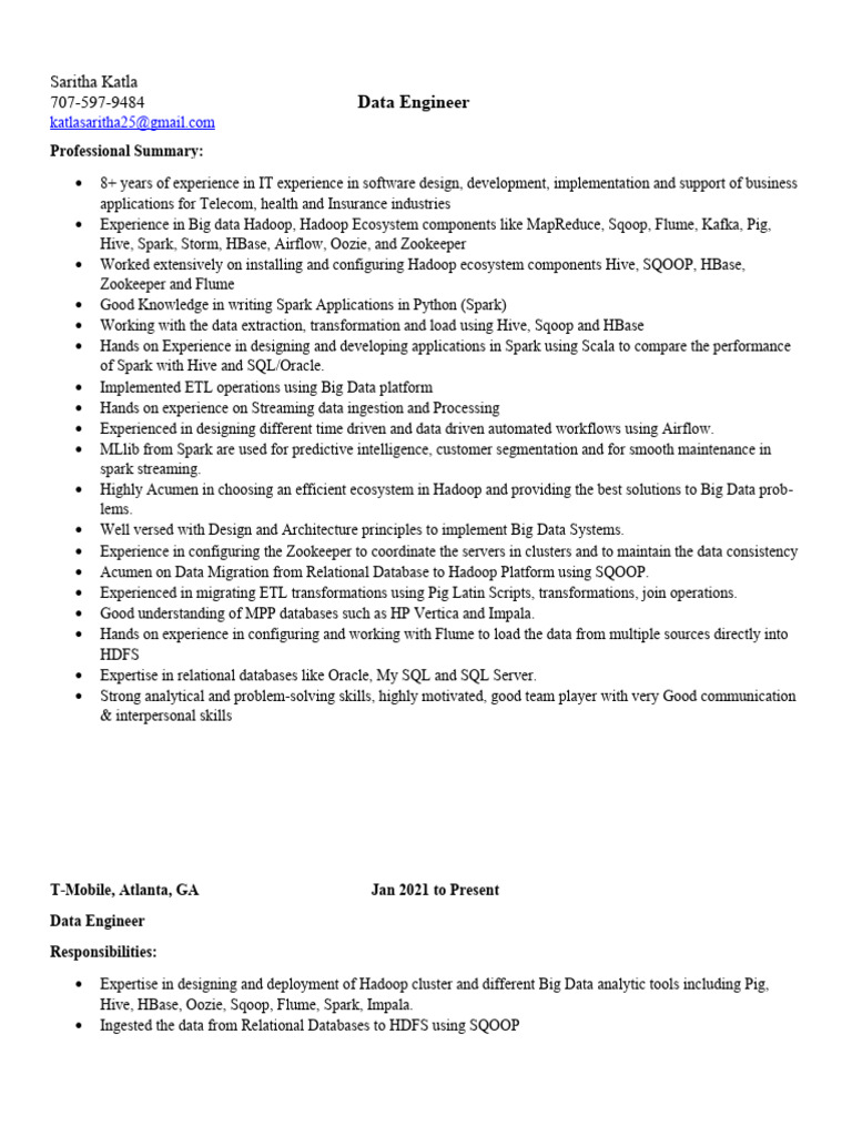 Resume Sample for US STAFFING | PDF | Apache Spark | Apache Hadoop