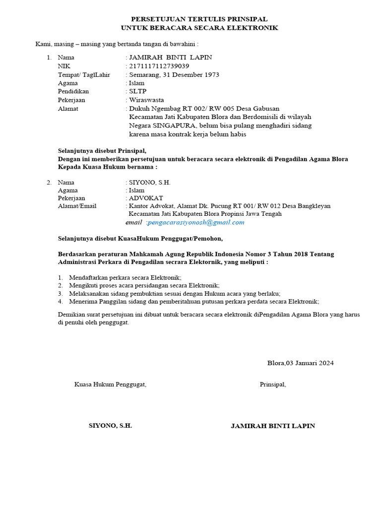 Persetujuan Tertulis Prinsipal Jamirah | PDF