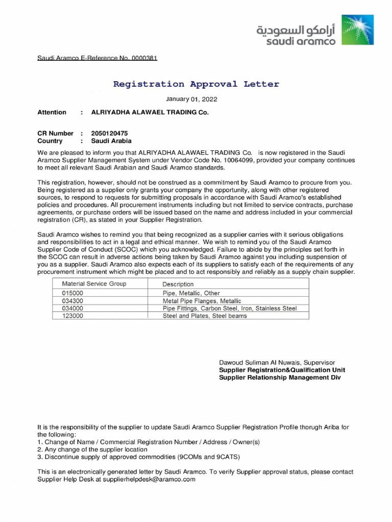 ALRIYADH SUPPLIER LETTER Aramco Approval Jan 2022 | PDF