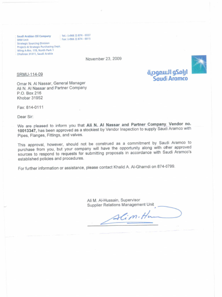 Ali Al Nassar Aramco Approval | PDF