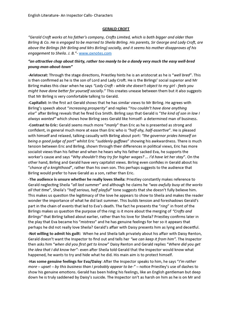 An Inspector Calls - Characters - Gerald | PDF