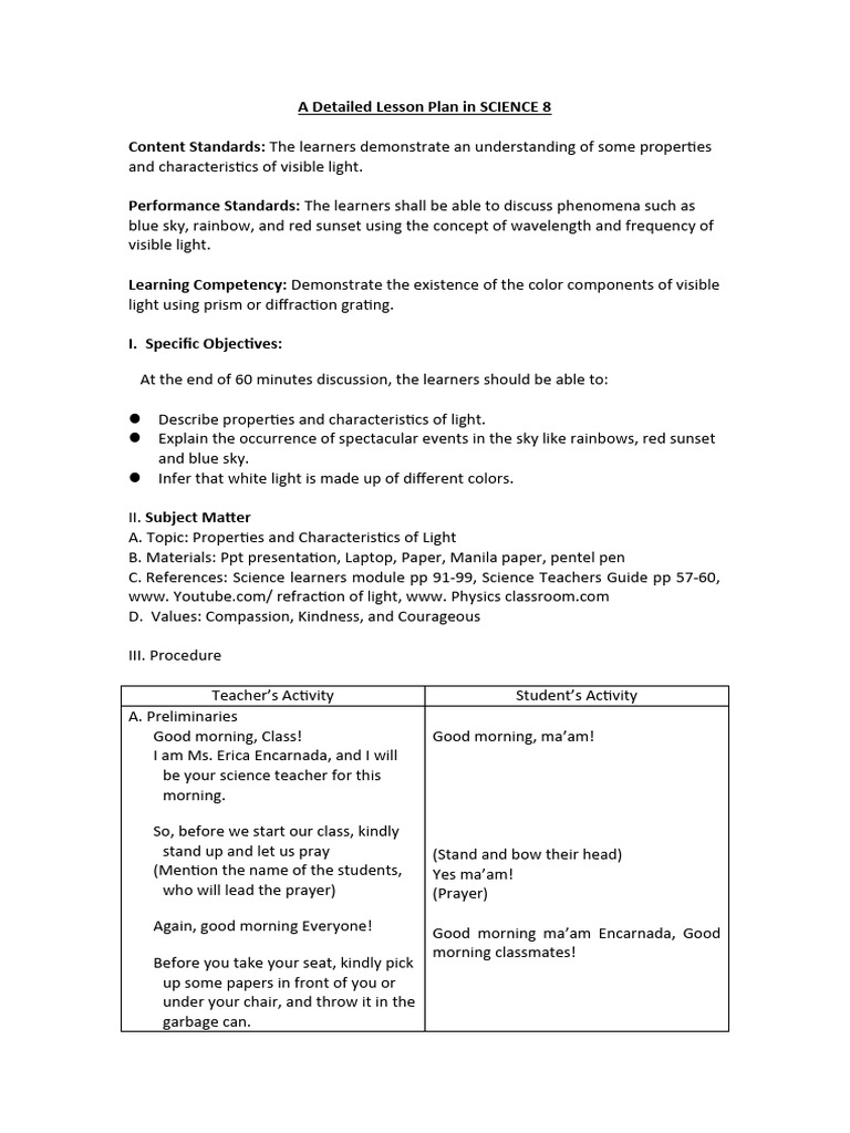 Lesson Plan: Properties of Light for Grade 8 | PDF | Light | Waves