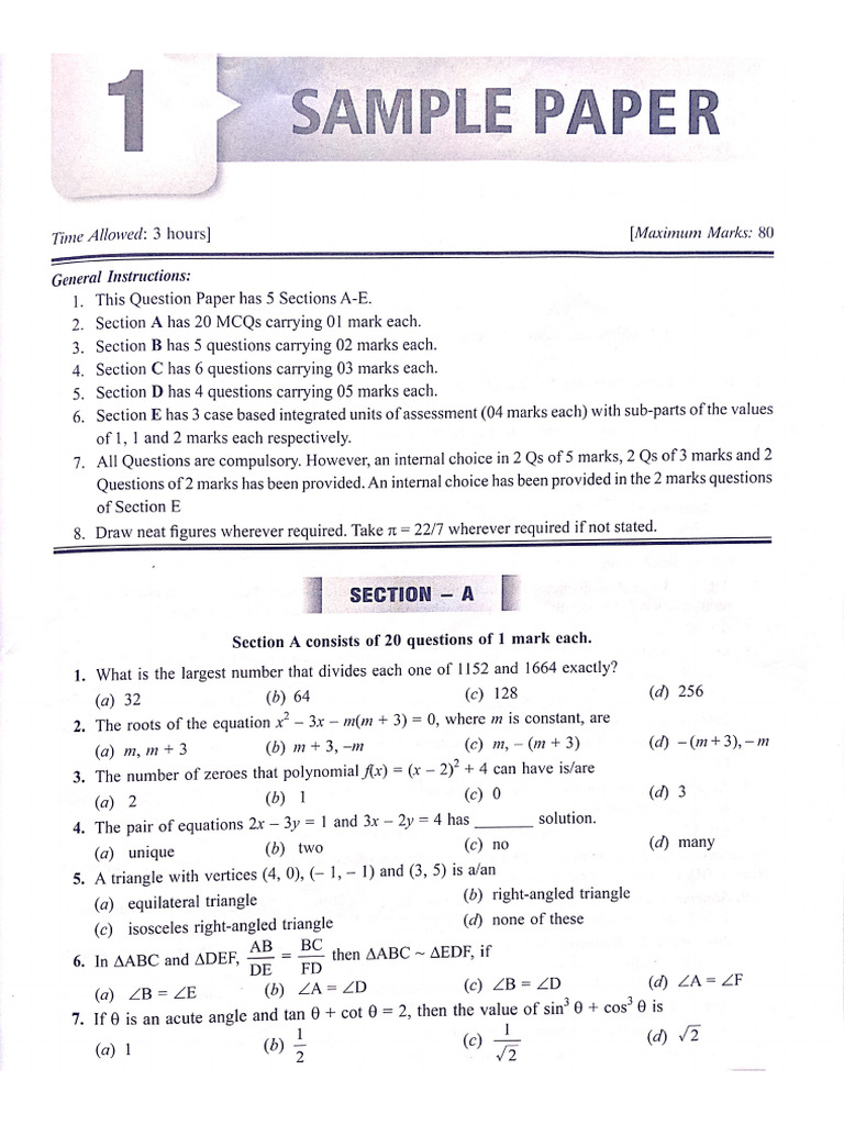 X Maths Sample Question Paper | PDF