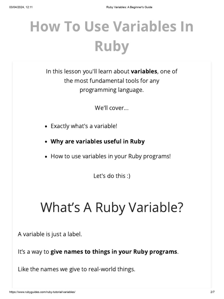 Ruby Variables Beginner Guide | PDF | Variable (Computer Science) | Scope (Computer Science)