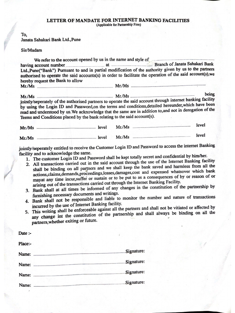 Internet Banking Form Janata Sahakari Bank | PDF