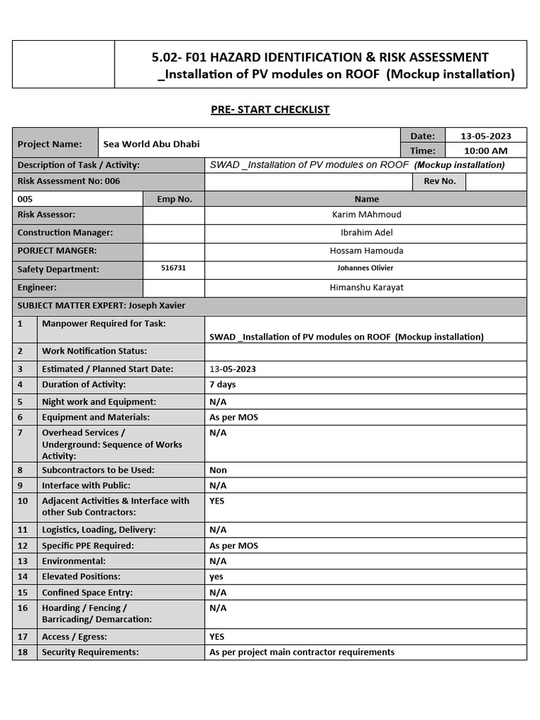 RA - PV Module Installation On ROOF | PDF | Risk | Electrician