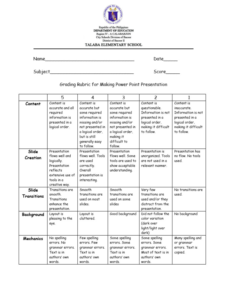 Rubric in Slide Presentation & Video Editing | PDF