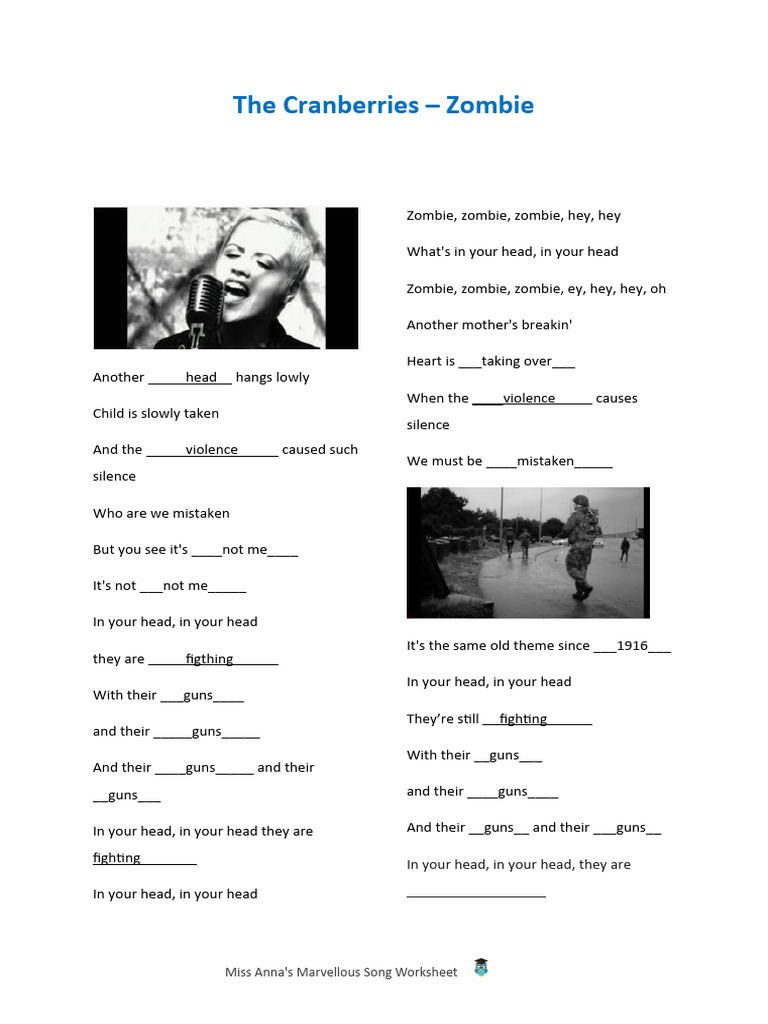 Zombie Lyrics Fill-in-the-Blanks Worksheet | PDF