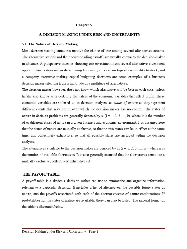Decision Making Under Risk and Uncertainity 5.1. The Nature of Decision Making | PDF | Decision ...