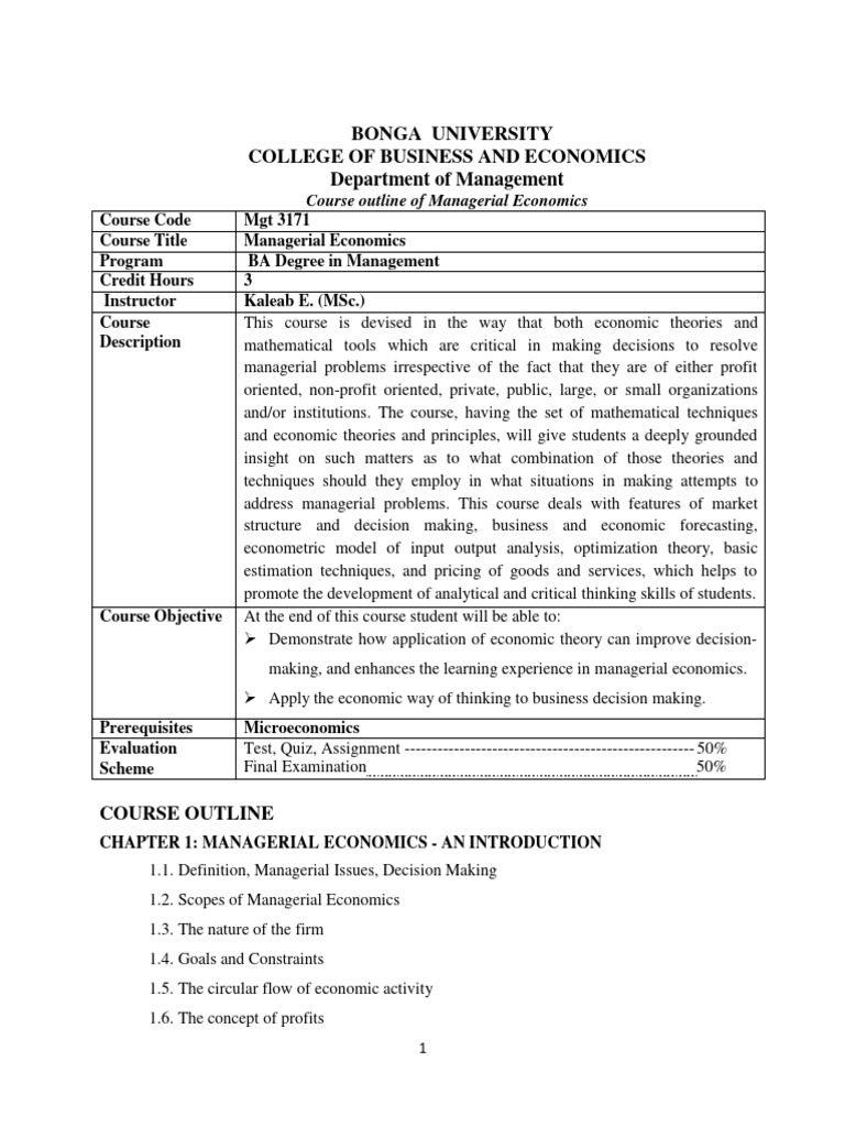 Managerial Economics, Course Outline | PDF | Economics | Business