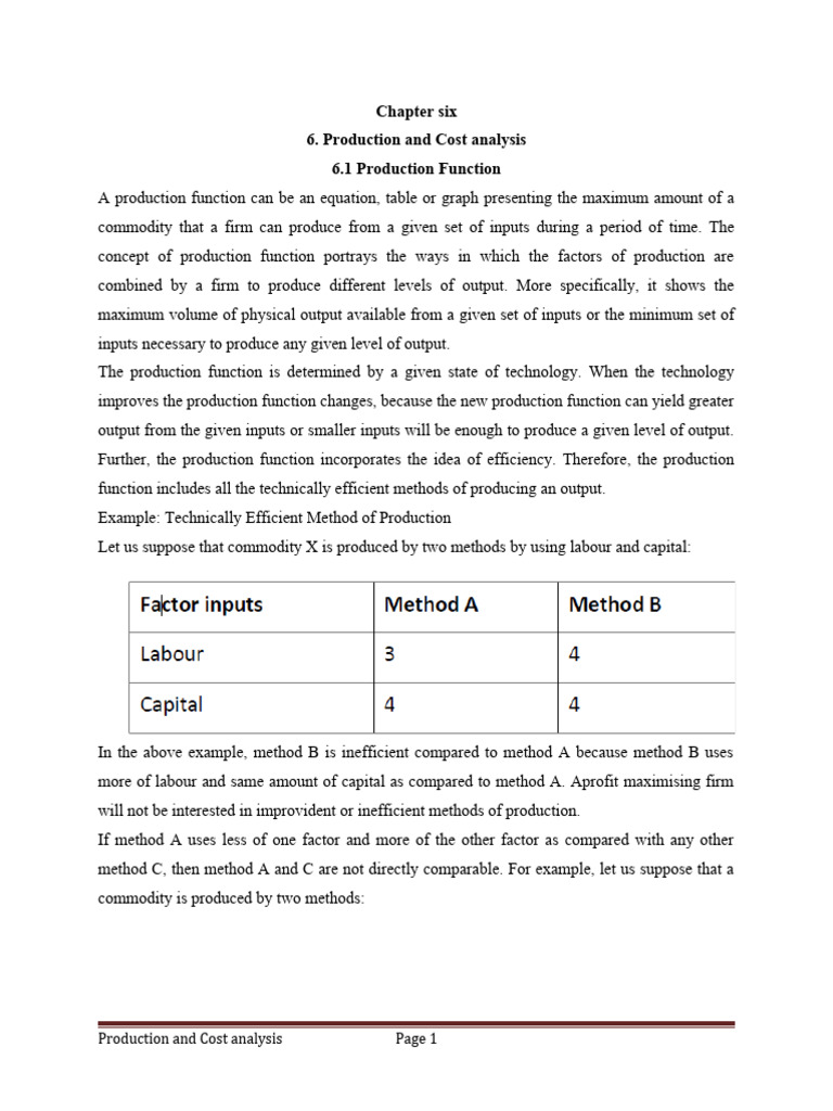 Chapter Six 6. Production and Cost Analysis 6.1 Production Function ...