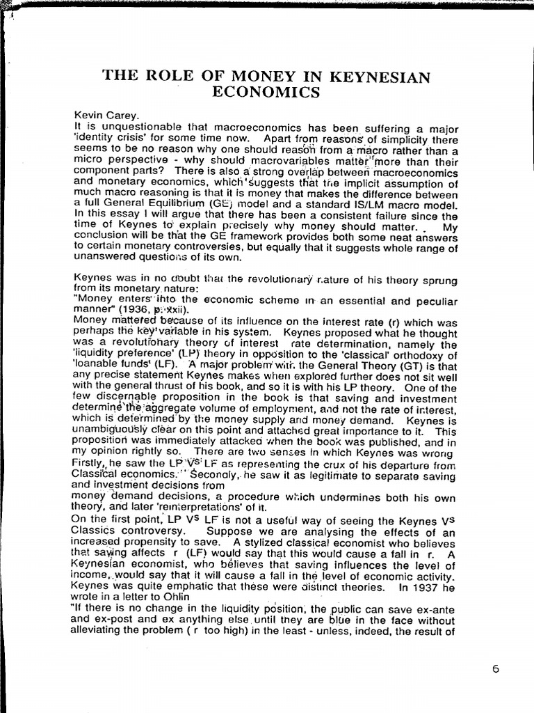The Role of Money in Keynesian Economics by Kevin Carey | PDF