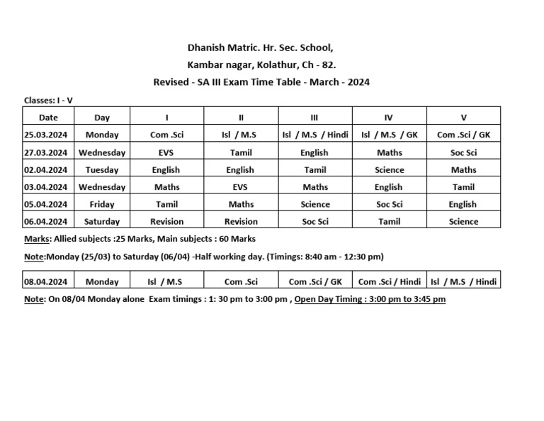 Revised Annual Time Table I - V - 2024 | PDF | Technology & Engineering