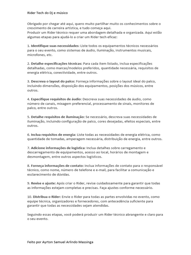 Guia para Criar Rider Técnico DJ | PDF | Informação | DJ
