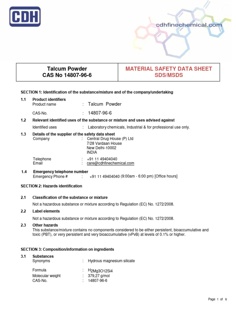 Talc Powder Own Brand MSDS | PDF | Dangerous Goods | Toxicity
