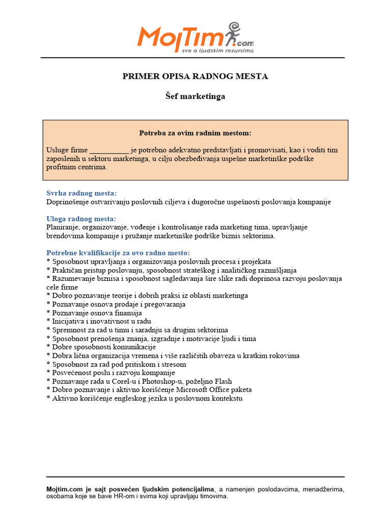 Opis Radnog Mesta Sablon1 | PDF