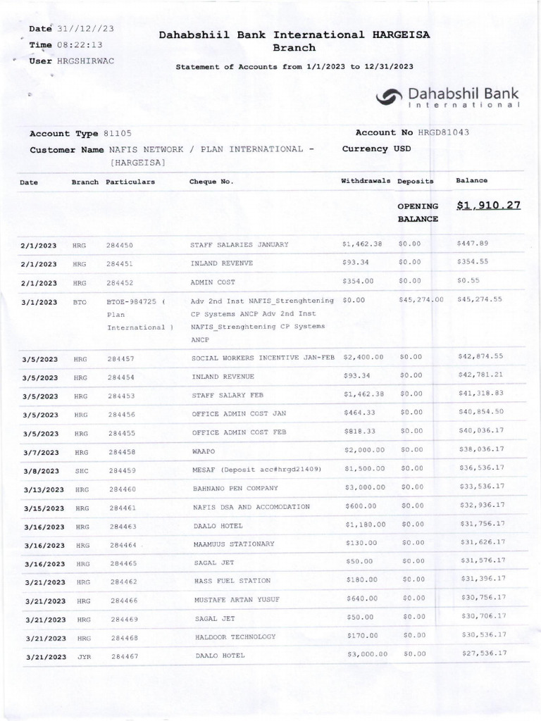 Plan Child Bank Statement Year001 | PDF