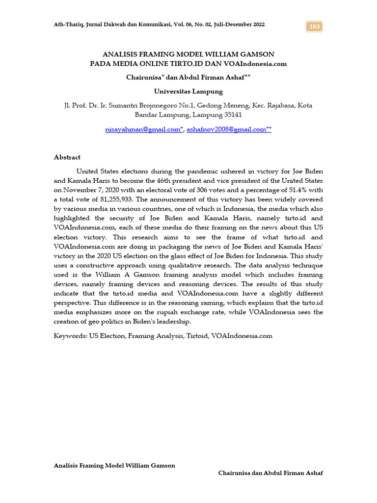 ANALISIS FRAMING MODEL WILLIAM GAMSON PADA MEDIA ONLINE TIRTOID DAN ...