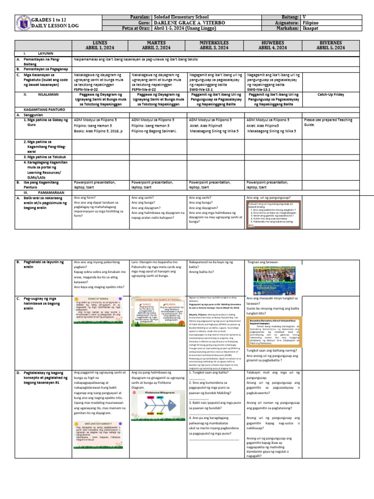DLL in Filipino 5 Q4 W1 | PDF
