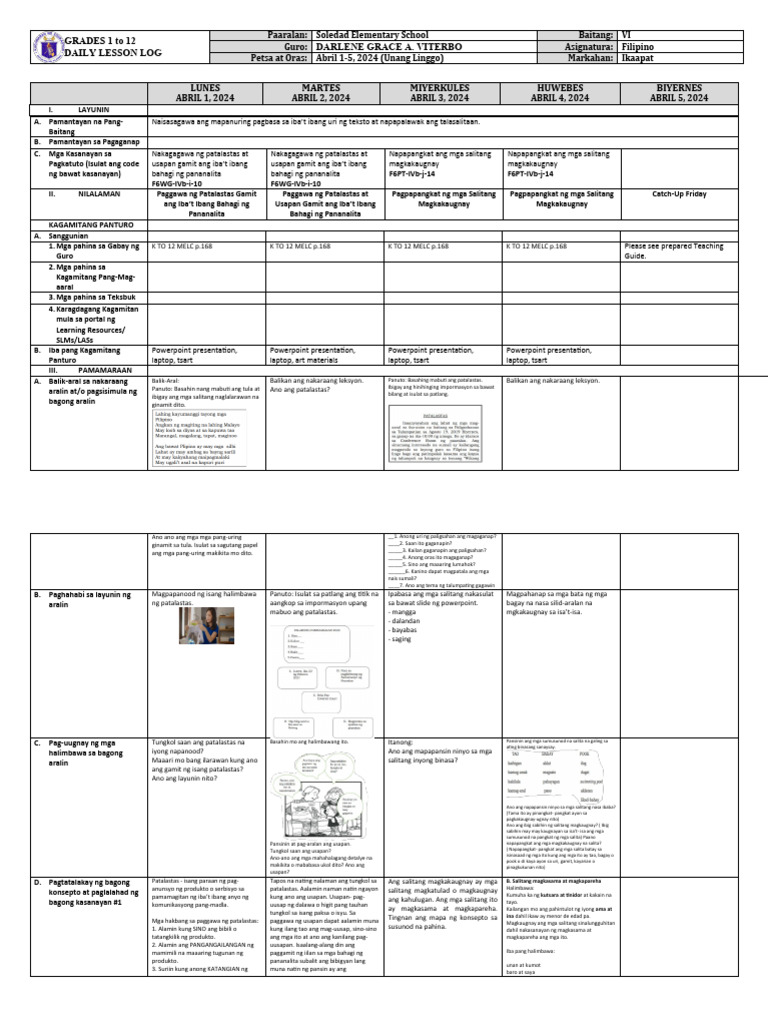DLL in Filipino 6 Q4 W1 | PDF