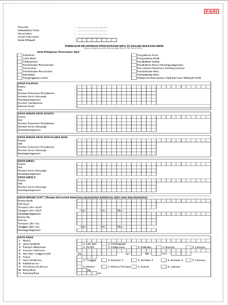 F-2.01 Formulir Pelaporan Pencatatan Sipil Dalam Wilayah NKRI | PDF