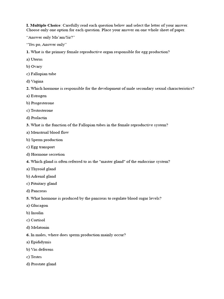 Long Quiz On Reproductive and Endocrine System | PDF | Reproductive ...