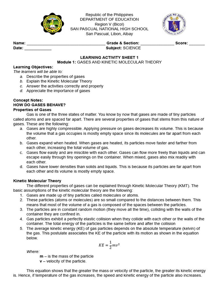 LEARNING ACTIVITY SHEET 1 - Science 10 | PDF | Gases | Temperature