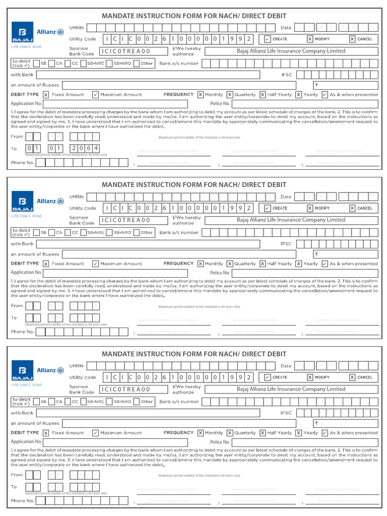 NACH Mandate Form for Bajaj Allianz | PDF | Financial Services ...
