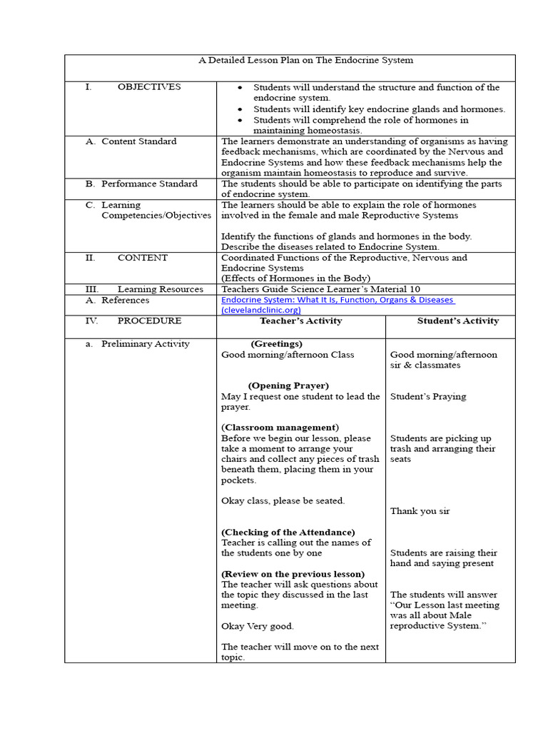 DETAILED LESSON PLAN IN ENDOCRINE SYSTEM | PDF | Endocrine System | Hormone