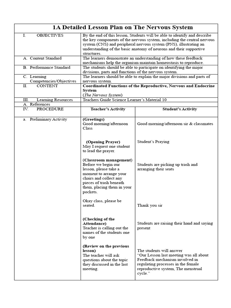 Grade 5 Nervous System Lesson Plan | PDF | Central Nervous System ...