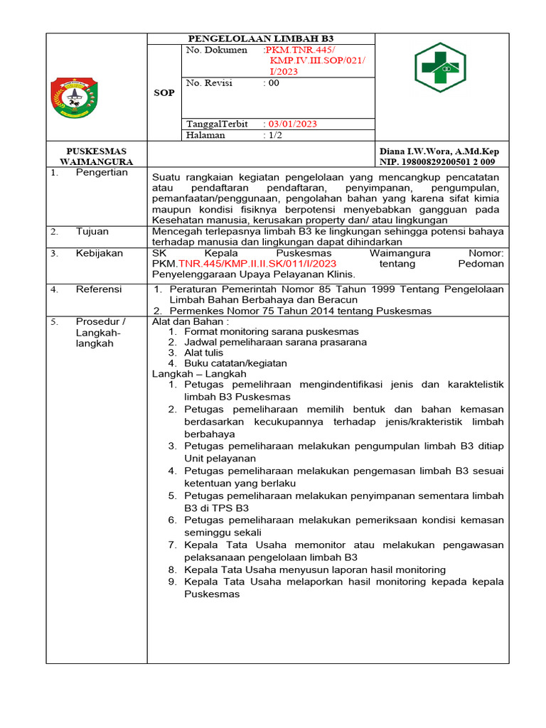 SOP Pengelolaan Limbah B3 Puskesmas | PDF