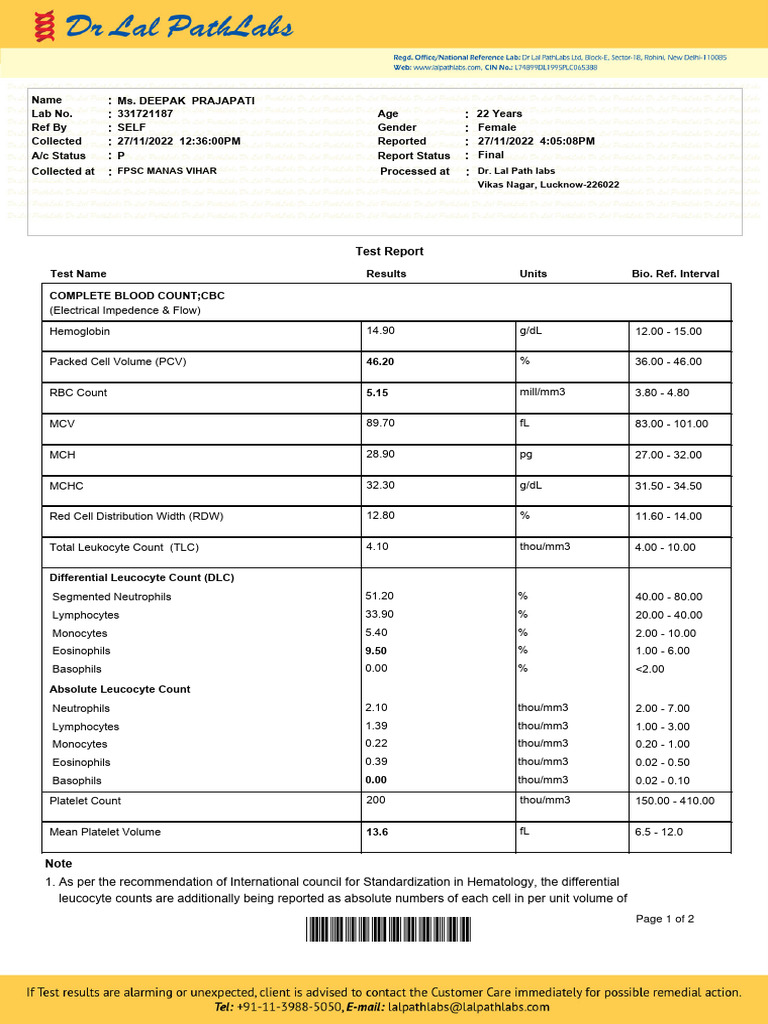 Complete Blood Count Test Report | PDF | White Blood Cell | Immune System