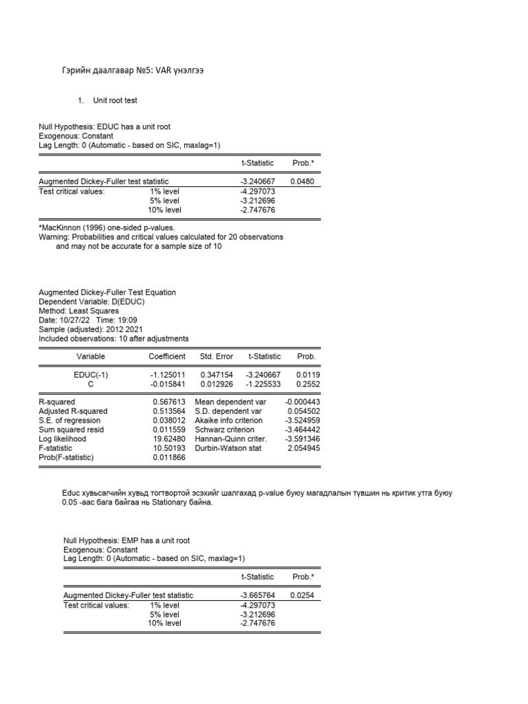 VAR Model and Unit Root Analysis | PDF | Coefficient Of Determination ...
