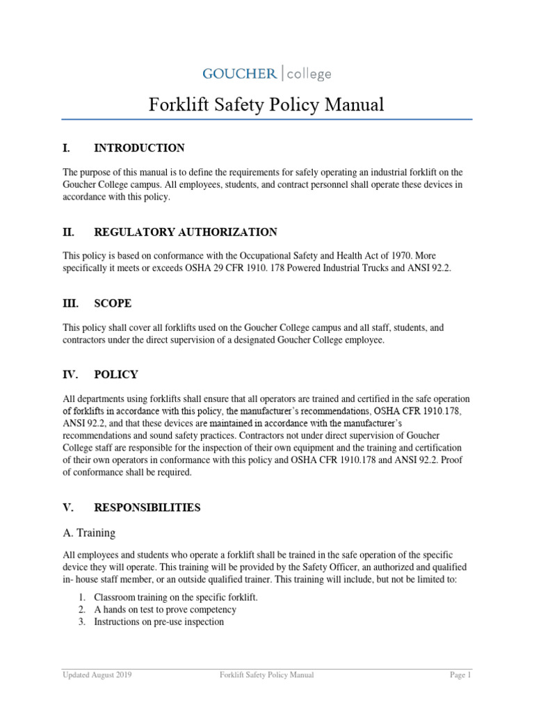 Forklift Safety Policy Manual Guide | PDF | Forklift | Safety