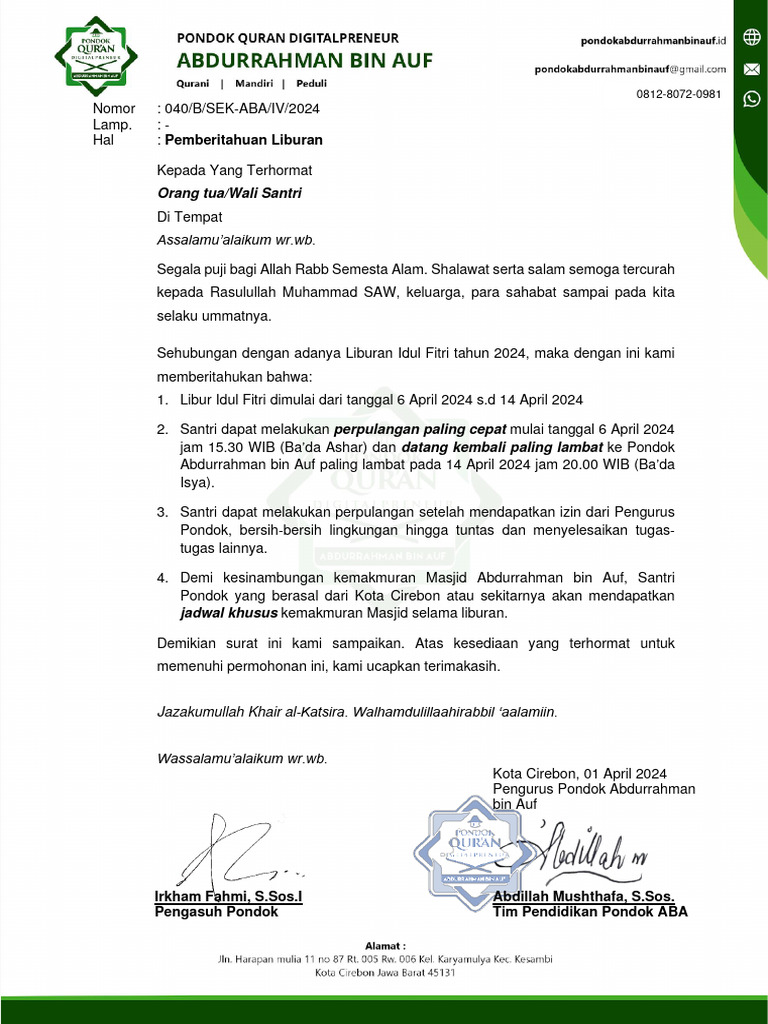 Surat Info Liburan 040-B-SEK-ABA-IV-2024 Pondok Quran Digitalpreneur Abdurrahman Bin Auf | PDF