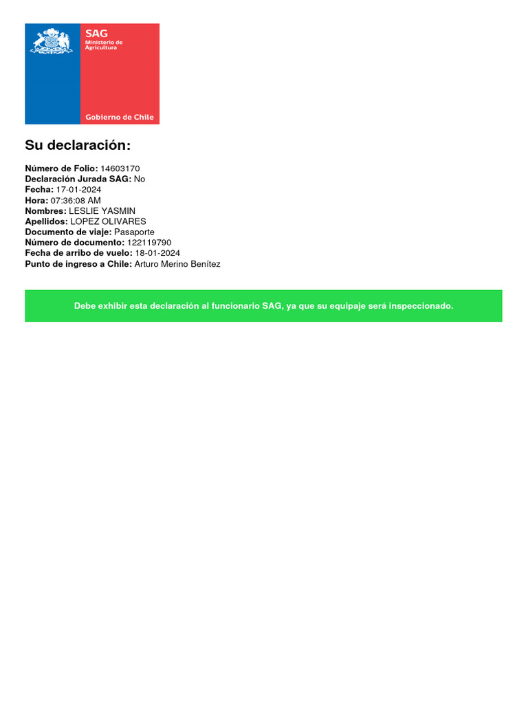Declaración Jurada SAG Chile 2024 | PDF
